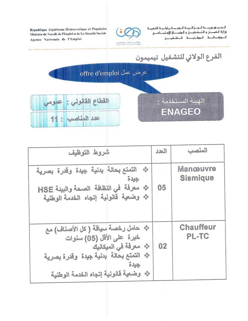 اعلان عمل بالمؤسسة الوطنية للجيوفيزياء ENAGEO